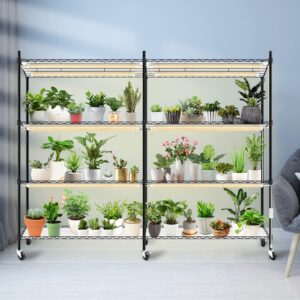 Bstrip Plant Shelf with Grow Light, 4-Tier Large Grow Light Shelf with Wheels, Stainless Steel, 12-Pack 288W T8 Full Spectrum Grow Lights for Seed Starting(57.4" L x 13.8" W x 59" H)