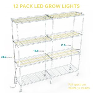 Bstrip Plant Shelf with Grow Light, 4-Tier Large Grow Light Shelf with Wheels, Stainless Steel, 12-Pack 288W T8 Full Spectrum Grow Lights for Seed Starting(57.4" L x 13.8" W x 59" H)