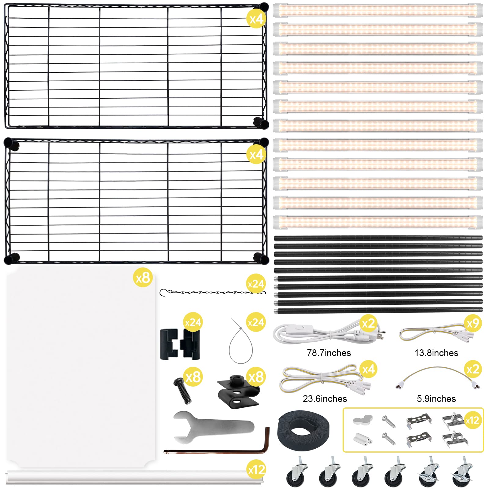 Bstrip Plant Shelf with Grow Light, 4-Tier Large Grow Light Shelf with Wheels, Stainless Steel, 12-Pack 288W T8 Full Spectrum Grow Lights for Seed Starting(57.4" L x 13.8" W x 59" H)