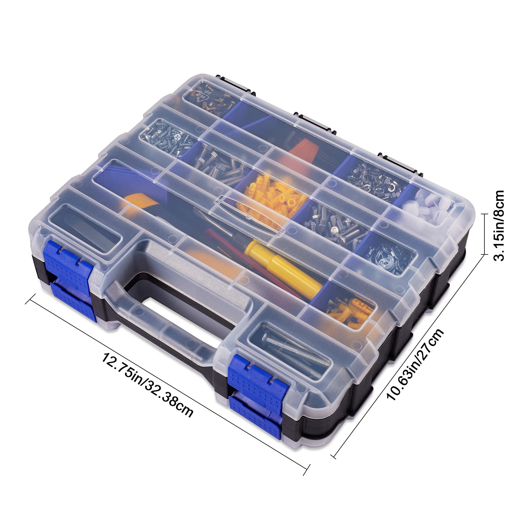 Small Parts Storage Case Tools Box Organizer Double Side 34 Compartments Hardware Organizers with Removable Plastic Dividers for Screws Nuts Nails Bolts