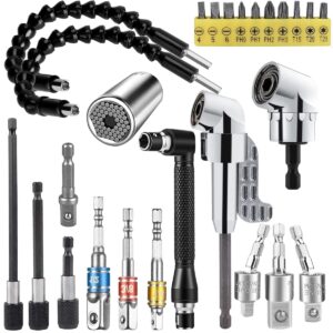 yenjo 26 pcs flexible drill bit extension set with 2 pcs 105°angle drill bit extension, 1/2 3/8 1/4 inch universal socket adapter & drill bit holder & universal socket grip & screwdriver bit kit