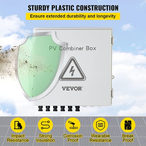 VEVOR PV Combiner Box, 6 String with 15A Rated Current Fuse, 125A Circuit Breaker, Lightning Arreste Connector for On/Off Grid Solar Panel System, IP65 Waterproof, White