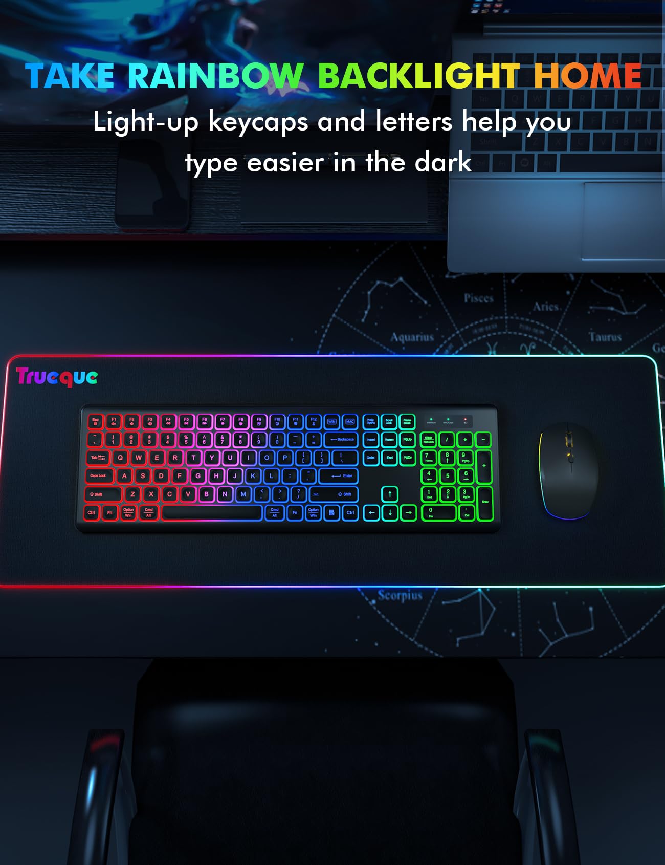 Wireless Keyboard and Mouse Combo - RGB Backlit, Rechargeable & Light Up Letters, Full-Size, Ergonomic Tilt Angle, Sleep Mode, 2.4GHz Quiet Keyboard Mouse for Mac, Windows, Laptop, PC, Trueque