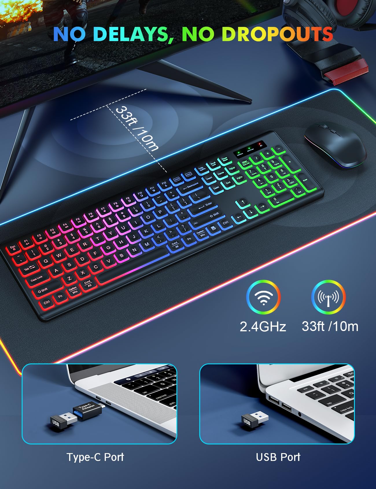 Wireless Keyboard and Mouse Combo - RGB Backlit, Rechargeable & Light Up Letters, Full-Size, Ergonomic Tilt Angle, Sleep Mode, 2.4GHz Quiet Keyboard Mouse for Mac, Windows, Laptop, PC, Trueque