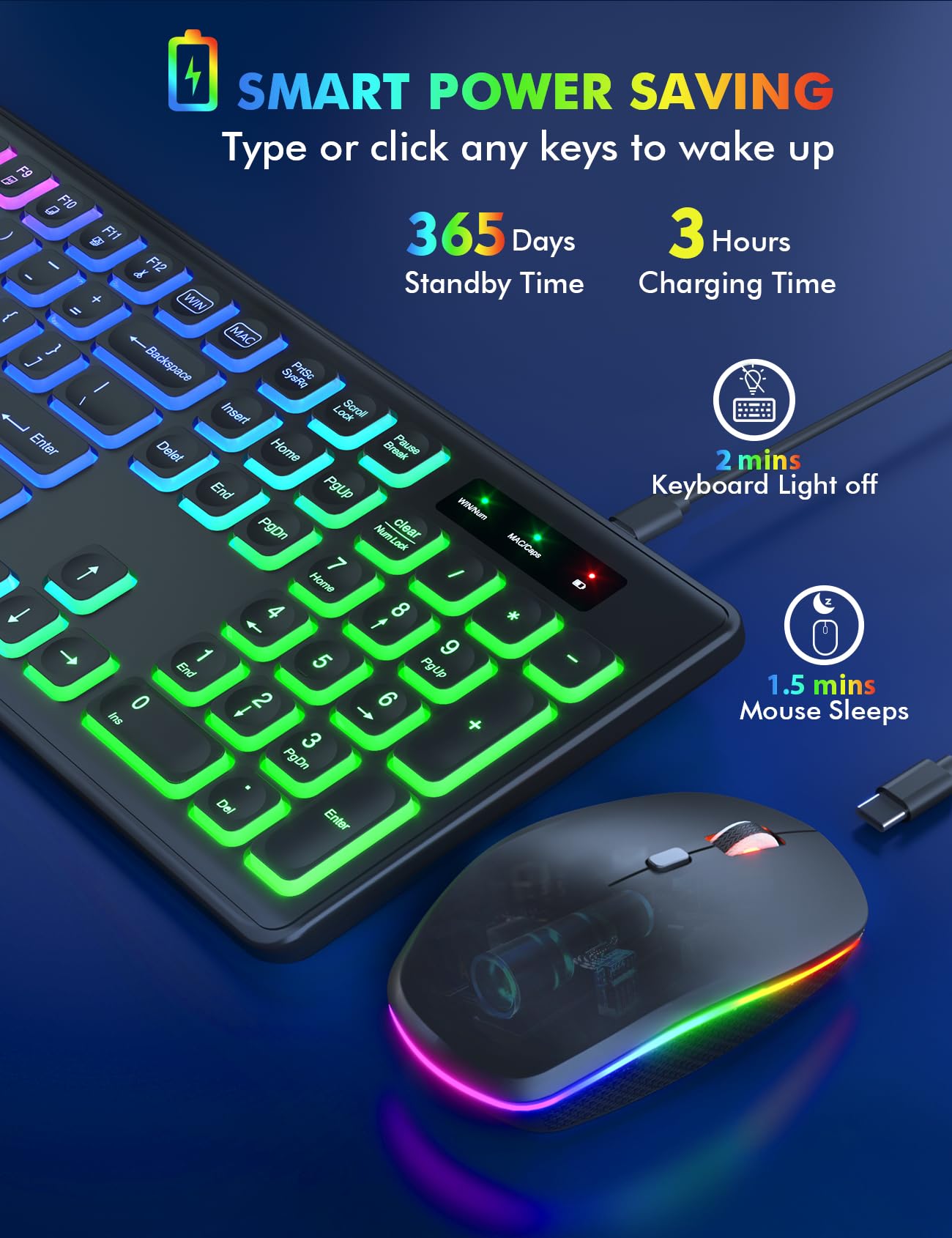 Wireless Keyboard and Mouse Combo - RGB Backlit, Rechargeable & Light Up Letters, Full-Size, Ergonomic Tilt Angle, Sleep Mode, 2.4GHz Quiet Keyboard Mouse for Mac, Windows, Laptop, PC, Trueque