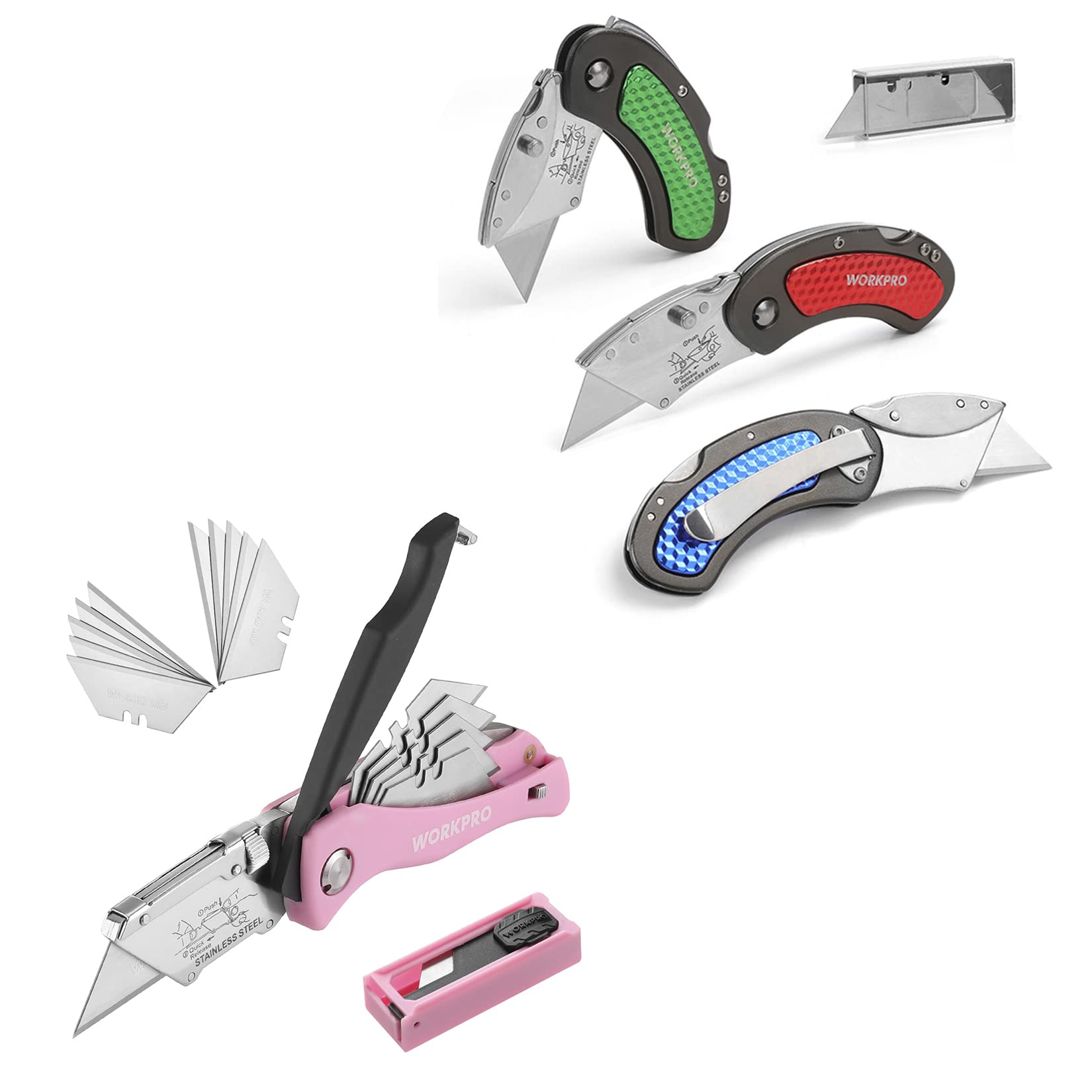 WORKPRO 3-Piece Folding Utility Knife Set with 10 Extra Blades & WORKPRO Pink Folding Utility Knife with 15 Extra Blades