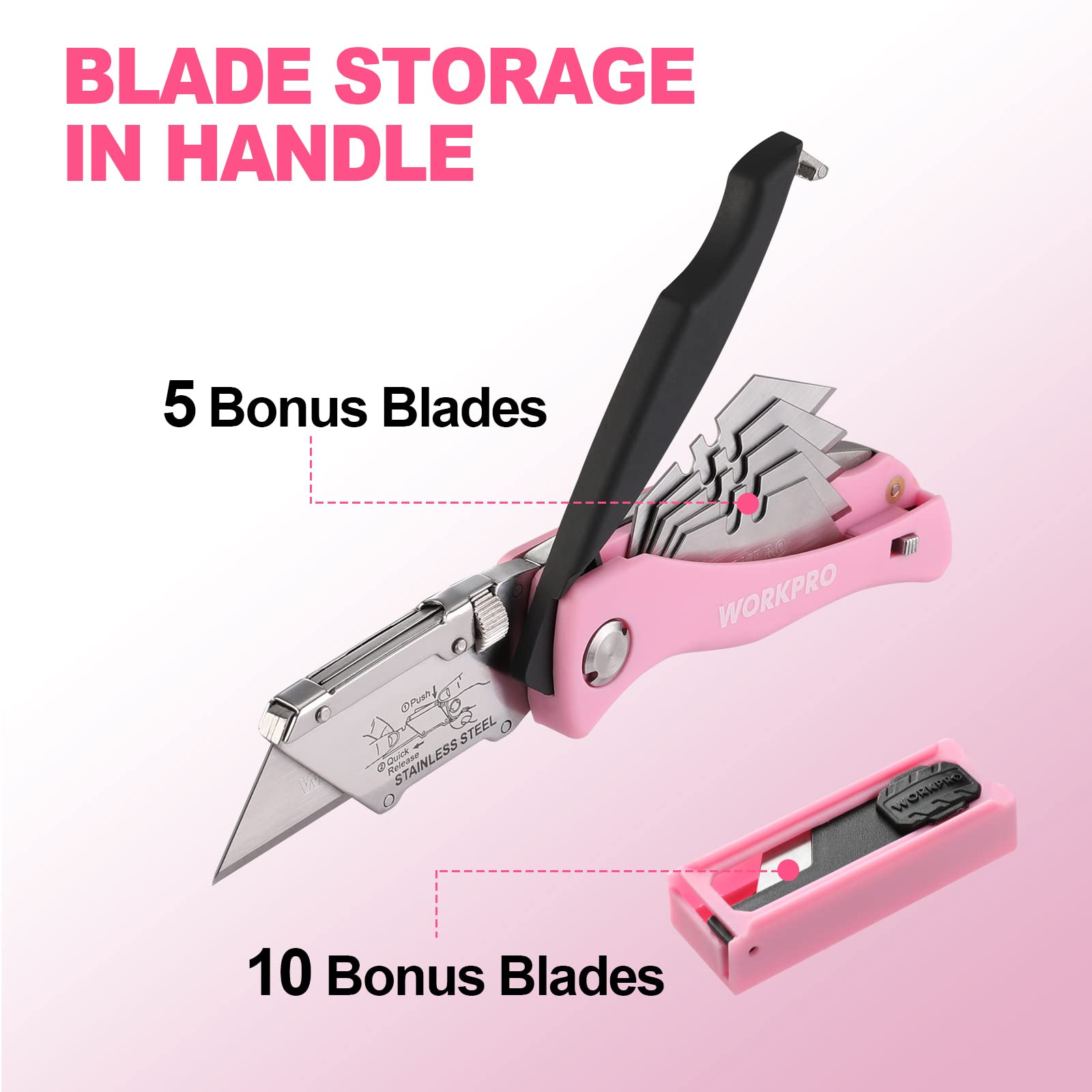 WORKPRO 3-Piece Folding Utility Knife Set with 10 Extra Blades & WORKPRO Pink Folding Utility Knife with 15 Extra Blades