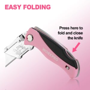 WORKPRO 3-Piece Folding Utility Knife Set with 10 Extra Blades & WORKPRO Pink Folding Utility Knife with 15 Extra Blades