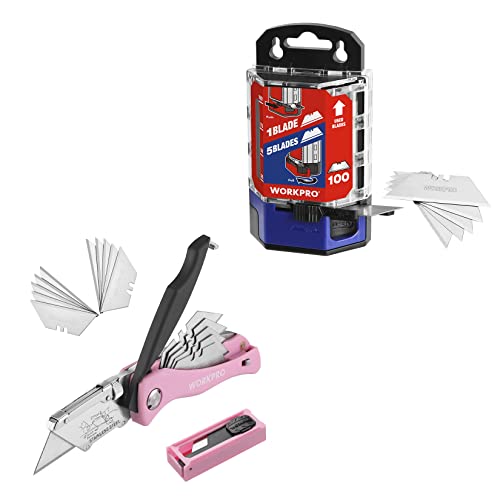 WORKPRO 100-Pack Utility Knife Blades with Dispenser, SK5 Steel & WORKPRO Pink Folding Utility Knife with 15 Extra Blades