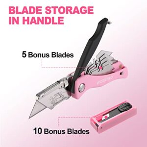 WORKPRO 100-Pack Utility Knife Blades with Dispenser, SK5 Steel & WORKPRO Pink Folding Utility Knife with 15 Extra Blades