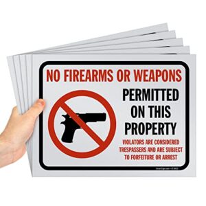 smartsign (pack of 5) 9 x 12 inch “no firearms or weapons permitted on this property” sign, screen printed, 10 mil polystyrene plastic, red/black on white