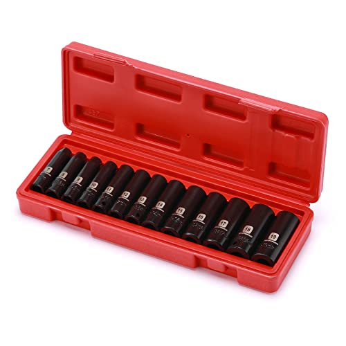 MIXPOWER 13 Pieces 3/8-Inch Drive Deep Impact Socket Set, 7mm to 19mm, CR-V, Metric, 6 Point, Deep, 13 Pieces 3/8" Dr. Socket