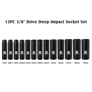 MIXPOWER 13 Pieces 3/8-Inch Drive Deep Impact Socket Set, 7mm to 19mm, CR-V, Metric, 6 Point, Deep, 13 Pieces 3/8" Dr. Socket