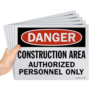 smartsign (pack of 5) 9 x 12 inch “danger - construction area, authorized personnel only” osha sign, screen printed, 10 mil polystyrene plastic, red/black on white