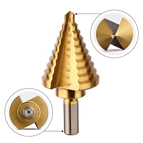 Step Drill Bit, WEAVERBIRD Titanium Drill Bit Set (1/4" to 1-3/8"), HSS Drill Cone Bits with Double Cutting Blades, Small Drill Bits, Cone Drill Bit for Soft Metal Sheet/Wood/Plastic Drilling Cutting