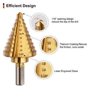 Step Drill Bit, WEAVERBIRD Titanium Drill Bit Set (1/4" to 1-3/8"), HSS Drill Cone Bits with Double Cutting Blades, Small Drill Bits, Cone Drill Bit for Soft Metal Sheet/Wood/Plastic Drilling Cutting