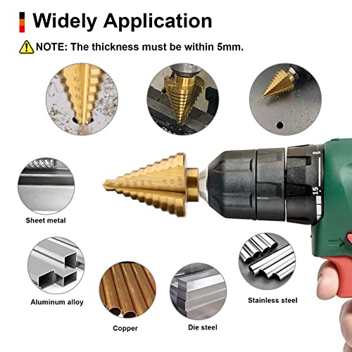 Step Drill Bit, WEAVERBIRD Titanium Drill Bit Set (1/4" to 1-3/8"), HSS Drill Cone Bits with Double Cutting Blades, Small Drill Bits, Cone Drill Bit for Soft Metal Sheet/Wood/Plastic Drilling Cutting