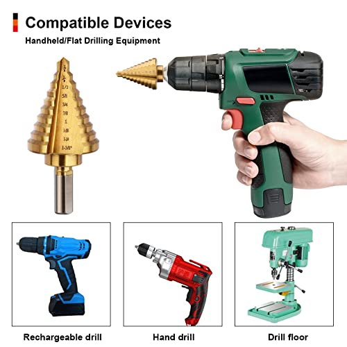 Step Drill Bit, WEAVERBIRD Titanium Drill Bit Set (1/4" to 1-3/8"), HSS Drill Cone Bits with Double Cutting Blades, Small Drill Bits, Cone Drill Bit for Soft Metal Sheet/Wood/Plastic Drilling Cutting