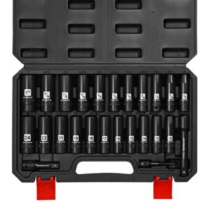 MIXPOWER 25 Pieces 1/2-Inch Drive Deep Impact Socket Set, CR-V, Metric/SAE, Includes 12mm to 24mm, 3/8-Inch to 1-Inch, 3", 5" Extension bars, 1/2"-1/4" Adapter