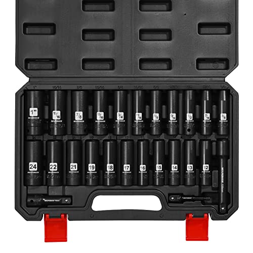 MIXPOWER 25 Pieces 1/2-Inch Drive Deep Impact Socket Set, CR-V, Metric/SAE, Includes 12mm to 24mm, 3/8-Inch to 1-Inch, 3", 5" Extension bars, 1/2"-1/4" Adapter