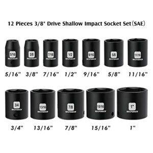 MIXPOWER 12 Pieces 3/8-Inch Drive Shallow Impact Socket Set, 5/16 to 1 inch, CR-V, SAE, 6 Point, Shallow, 12 Pieces 3/8" Dr. Socket