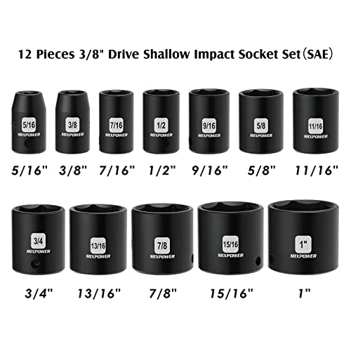 MIXPOWER 12 Pieces 3/8-Inch Drive Shallow Impact Socket Set, 5/16 to 1 inch, CR-V, SAE, 6 Point, Shallow, 12 Pieces 3/8" Dr. Socket