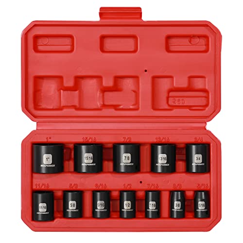 MIXPOWER 12 Pieces 3/8-Inch Drive Shallow Impact Socket Set, 5/16 to 1 inch, CR-V, SAE, 6 Point, Shallow, 12 Pieces 3/8" Dr. Socket