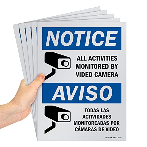 SmartSign (Pack of 5) 12 x 9 inch “Notice - All Activities Monitored By Video Camera” Bilingual Sign, Screen Printed, 10 mil Polystyrene Plastic, Blue/Black on White