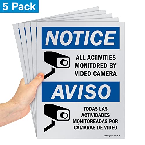 SmartSign (Pack of 5) 12 x 9 inch “Notice - All Activities Monitored By Video Camera” Bilingual Sign, Screen Printed, 10 mil Polystyrene Plastic, Blue/Black on White