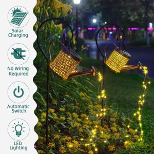 HUYIENO 2Pack Solar Garden Lights Outdoor Hanging Solar Lantern Watering Cans with Shepherd Hook for Patio Yard Lawn Decorations Warm LEDs