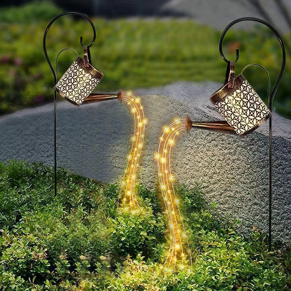 HUYIENO 2Pack Solar Garden Lights Outdoor Hanging Solar Lantern Watering Cans with Shepherd Hook for Patio Yard Lawn Decorations Warm LEDs