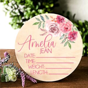 personalized birth stat sign personalized for baby, newborn birth hospital photo prop, nursery decor for boy, personalized announcement, welcome plaque, baby shower gift (pink floral)