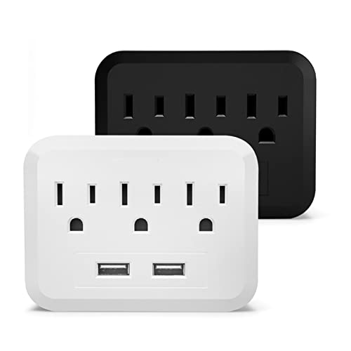 3 Outlet Surge Protector, 2 USB Outlets receptacles, Small Wall Surge Protector with Multiple Outlet Splitter, Home, Kitchen Essentials, White ＆ Black, 2 Pack.