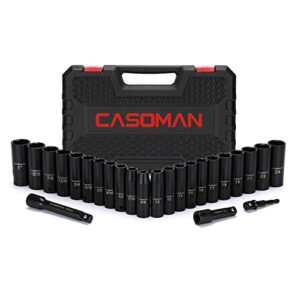 casoman 25pcs 1/2" drive impact socket set, deep, cr-v steel, 6 point, metric&sae, 12mm to 24mm, 3/8 inch to 1 inch, includes extension bars: 3-inch, 5-inch, 1/2-1/4 adapter