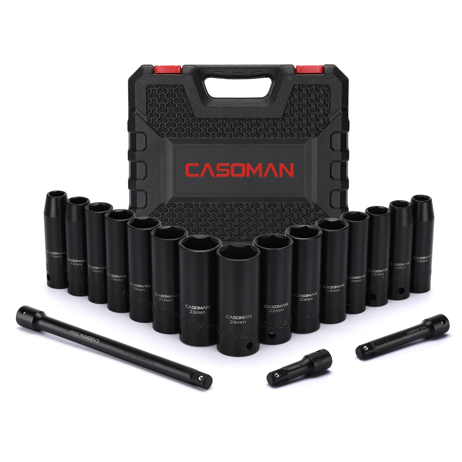 CASOMAN 18PCS 1/2" Drive Impact Socket Set, Deep, Cr-V Steel, Metric, 10mm-24mm, Includes Extension Bars:3-inch, 5-inch, 10-inch