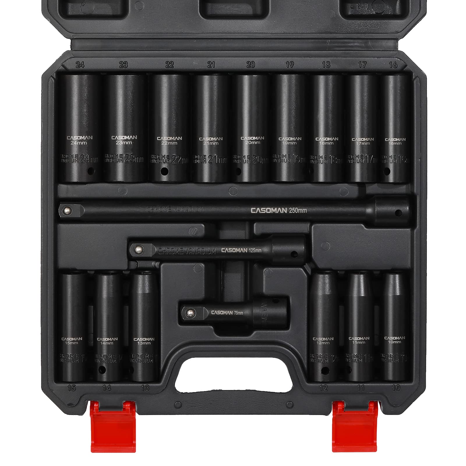 CASOMAN 18PCS 1/2" Drive Impact Socket Set, Deep, Cr-V Steel, Metric, 10mm-24mm, Includes Extension Bars:3-inch, 5-inch, 10-inch