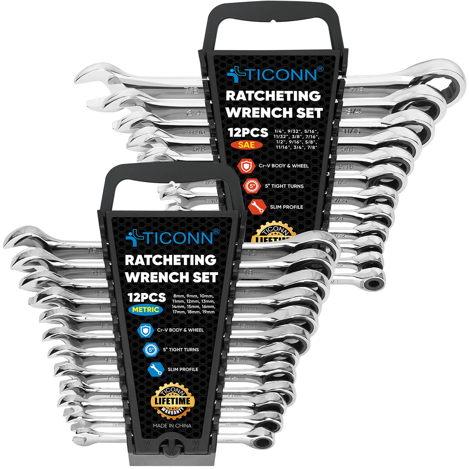 TICONN 24PCS Ratcheting Wrench Set with Organizer Rack, Professional Slim Profile Mechanic Cr-V Ratchet (12PCS Inch (SAE) & 12PCS mm (Metric))