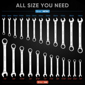 TICONN 24PCS Ratcheting Wrench Set with Organizer Rack, Professional Slim Profile Mechanic Cr-V Ratchet (12PCS Inch (SAE) & 12PCS mm (Metric))