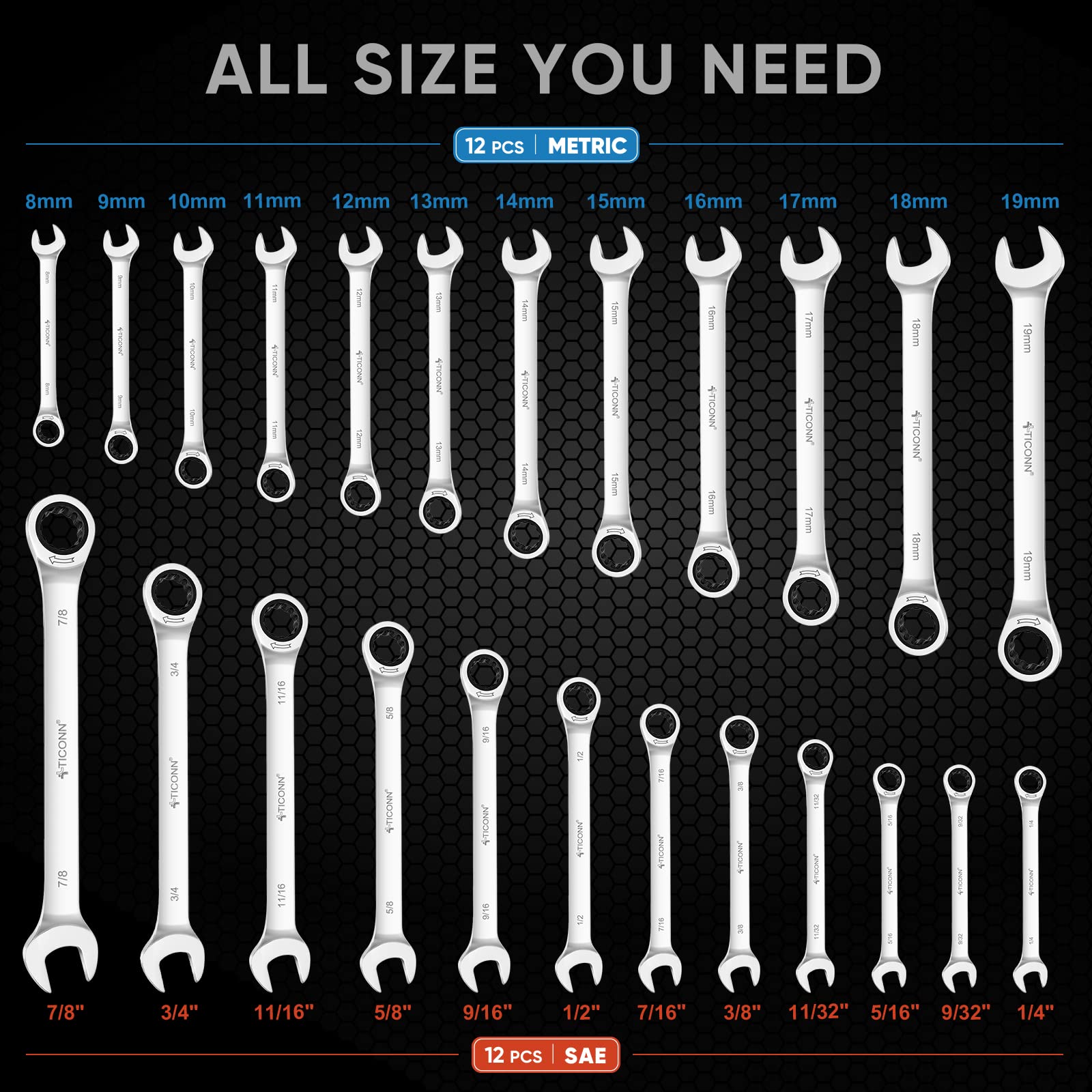 TICONN 24PCS Ratcheting Wrench Set with Organizer Rack, Professional Slim Profile Mechanic Cr-V Ratchet (12PCS Inch (SAE) & 12PCS mm (Metric))