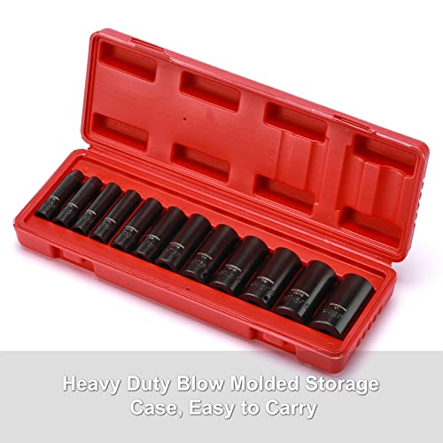 CASOMAN 12 Pieces 3/8-Inch Drive Impact Socket Set, 6-Point, SAE, Deep, CR-V, 5/16" to 1", Heavy Duty Blow Molded Storage Case