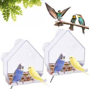 Window Bird Feeder 2 Pack, Bird House for Outside with 2 Rod, Window Bird Feeder with Strong Suction Cups and Removable Seed Tray with Drain Holes