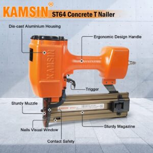 KAMSIN #ST64 14 Gauge Heavy Duty Pneumatic Concrete T Nailer Kit with 400 PCS Concrete T Nails, 3/4" to 2-1/2"(18-64mm) Leg Air Power Concrete Nails Gun Woodworking Brad Nailer Gun