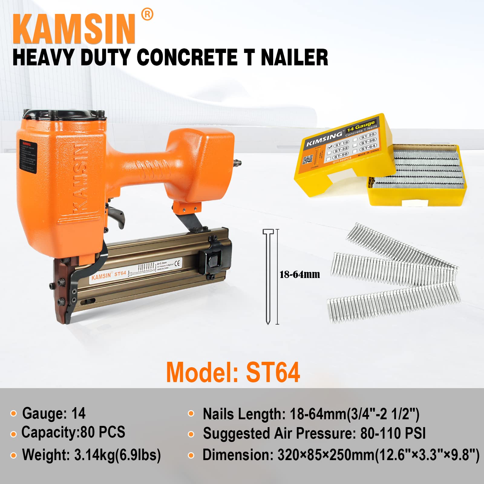 KAMSIN #ST64 14 Gauge Heavy Duty Pneumatic Concrete T Nailer Kit with 400 PCS Concrete T Nails, 3/4" to 2-1/2"(18-64mm) Leg Air Power Concrete Nails Gun Woodworking Brad Nailer Gun