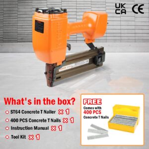 KAMSIN #ST64 14 Gauge Heavy Duty Pneumatic Concrete T Nailer Kit with 400 PCS Concrete T Nails, 3/4" to 2-1/2"(18-64mm) Leg Air Power Concrete Nails Gun Woodworking Brad Nailer Gun