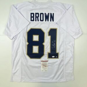 autographed/signed tim brown notre dame white college football jersey jsa coa