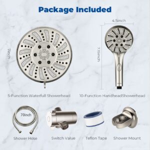 Shower Head Combo - WaterSong 4.5" 6-Setting Handheld Showerhead and 7" 5-Setting Rainfall Spray, One Click for High Pressure/Trickle Mode, with 70” Longer Stainless Steel Hose, Brushed Nickel