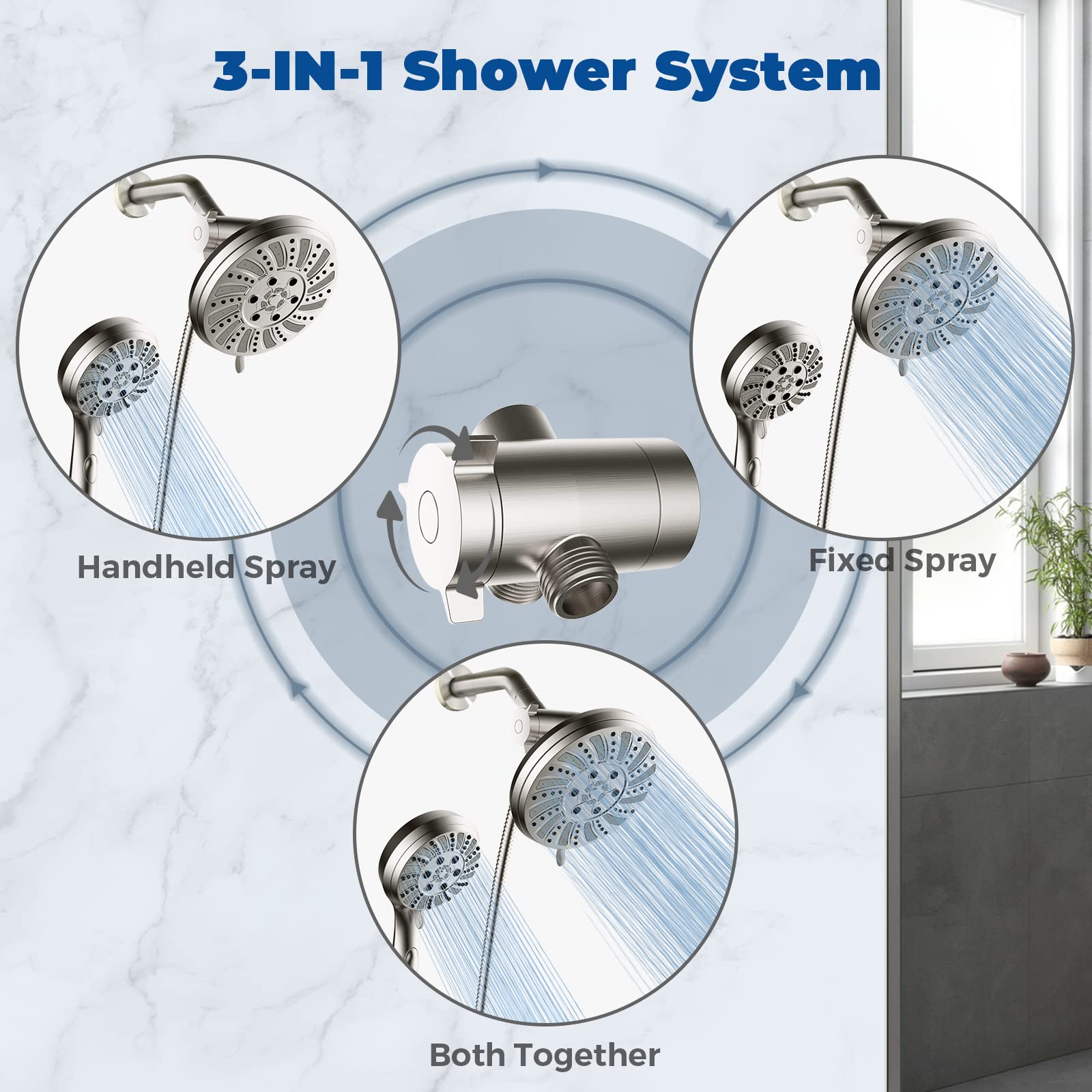 Shower Head Combo - WaterSong 4.5" 6-Setting Handheld Showerhead and 7" 5-Setting Rainfall Spray, One Click for High Pressure/Trickle Mode, with 70” Longer Stainless Steel Hose, Brushed Nickel