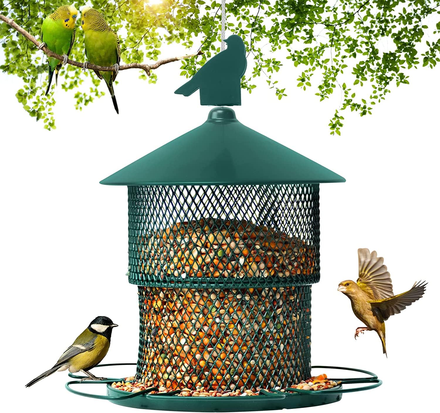 Bird Feeder for Outside Hanging,Squirrel Proof Metal Bird Feeder for Outdoor Wild Birds, 7.4 lb Seed Large Capacity Retractable Hanging Bird Feeders for Cardinal, Finch, Sparrow, Chickadee etc(Green)