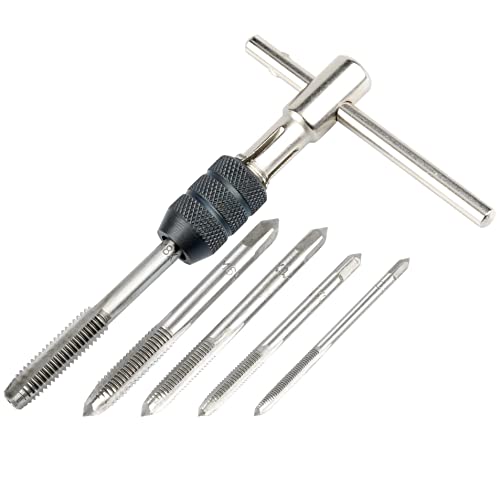 YAKAMOZ Ratchet T-Handle Tap Holder Wrench with 5Pcs Metric M3 M4 M5 M6 M8 Machine Screw Taps Set T Type Thread Tapping Tool