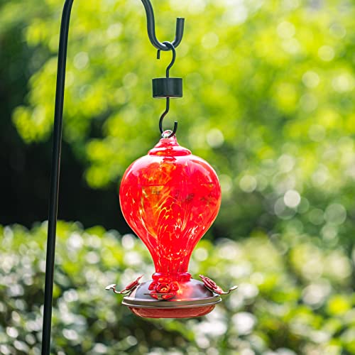 LaElvish Garden Hummingbird Feeders for Outdoors Hanging, 32OZ Hand Blown Glass Hummingbird Feeder for Outside, 4 Perch Ant Moat Leakproof, Garden Decor, Backyard Bird Gifts for Mom (Red Lily)